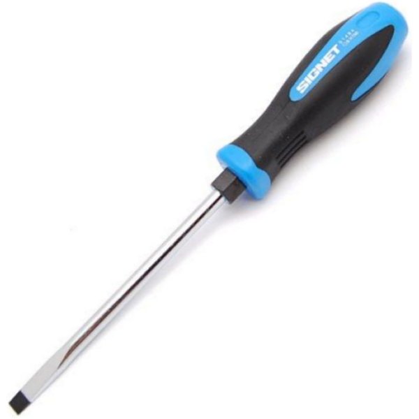 シグネット (-)8.0X150 ソフトグリップドライバー ・サイズ(mm)：1.1X8・軸長(mm)：150・全長(L；mm)：270・根元六角サイズ(mm)：14疲労感が少なく、握りやすいエルゴノミックハンドル根元六角付きでレンチをかけ...