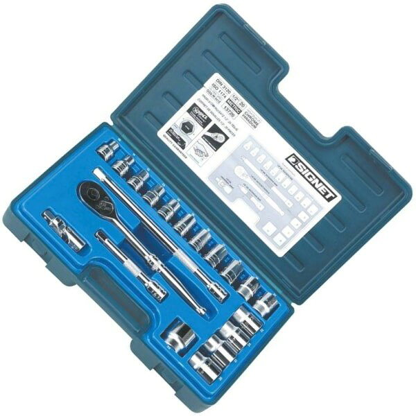 シグネット 1/2DR 20PC mm ソケットレンチセット・差込角(インチ DR)：1/2セット内容：ラチェットハンドル、エキステンションバー(125・250mm)、ユニバーサルジョイント、ソケット(10,11,12,13,14,15,1...