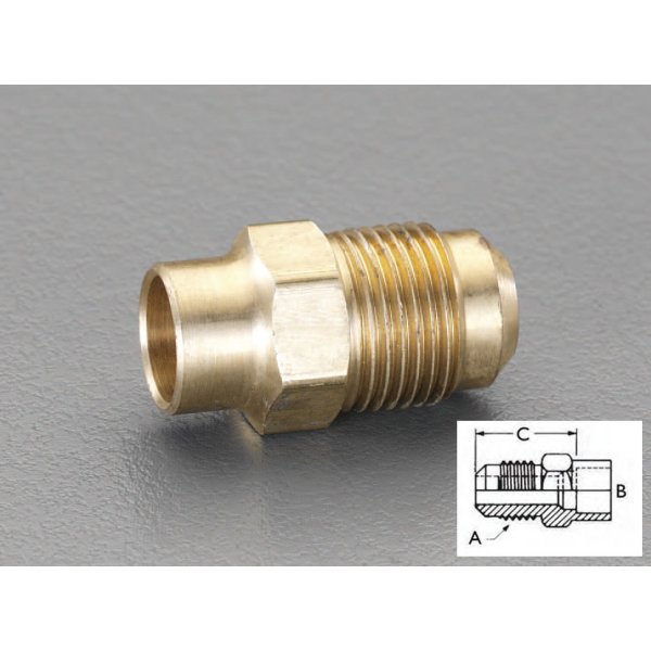 フレアーねじ（A）：3/8"銅管サイズ（B）：3/8"サイズ（C）：22.4mm全長：30mm6角対辺：5/8"（15.9mm）重量：28.6gロウ付型000012224636　