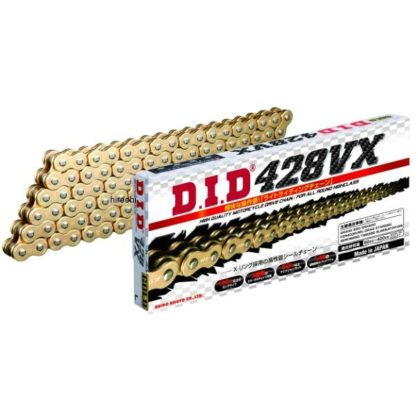 D.I.D 大同工業 チェーン 428VX シリーズチェーンサイズ:428リンク数:(122L)シールタイプ:X-Ringジョイントタイプ:ZJ(カシメ)カラー:ゴールド軽快な操作感をもたらす、ライトライディングチェーン。軽い乗り味「ライト...