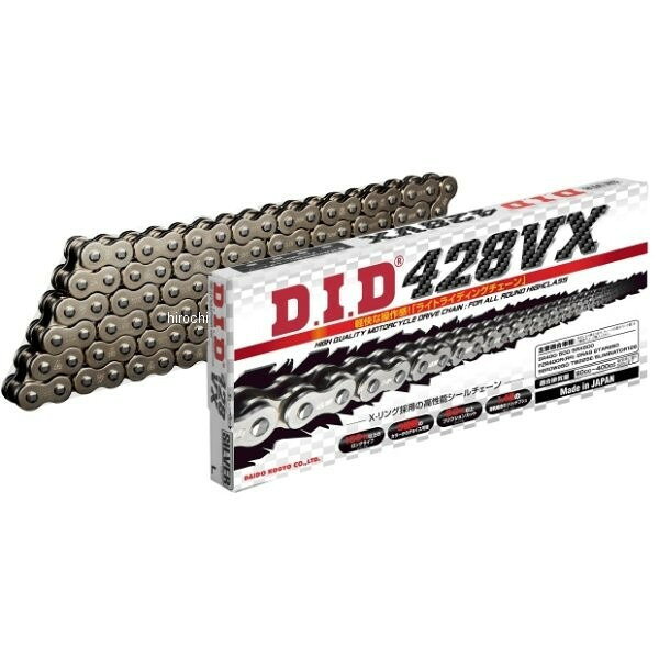 D.I.D 大同工業 チェーン 428VX シリーズチェーンサイズ:428リンク数:(76L)シールタイプ:X-Ringジョイントタイプ:ZJ(カシメ)カラー:スチール軽快な操作感をもたらす、ライトライディングチェーン。軽い乗り味「ライトラ...