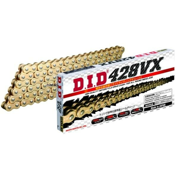 D.I.D 大同工業 チェーン 428VX シリーズチェーンサイズ:428リンク数:(108L)シールタイプ:X-Ringジョイントタイプ:FJ(軽圧入クリップ)カラー:ゴールド軽快な操作感をもたらす、ライトライディングチェーン。軽い乗り味...