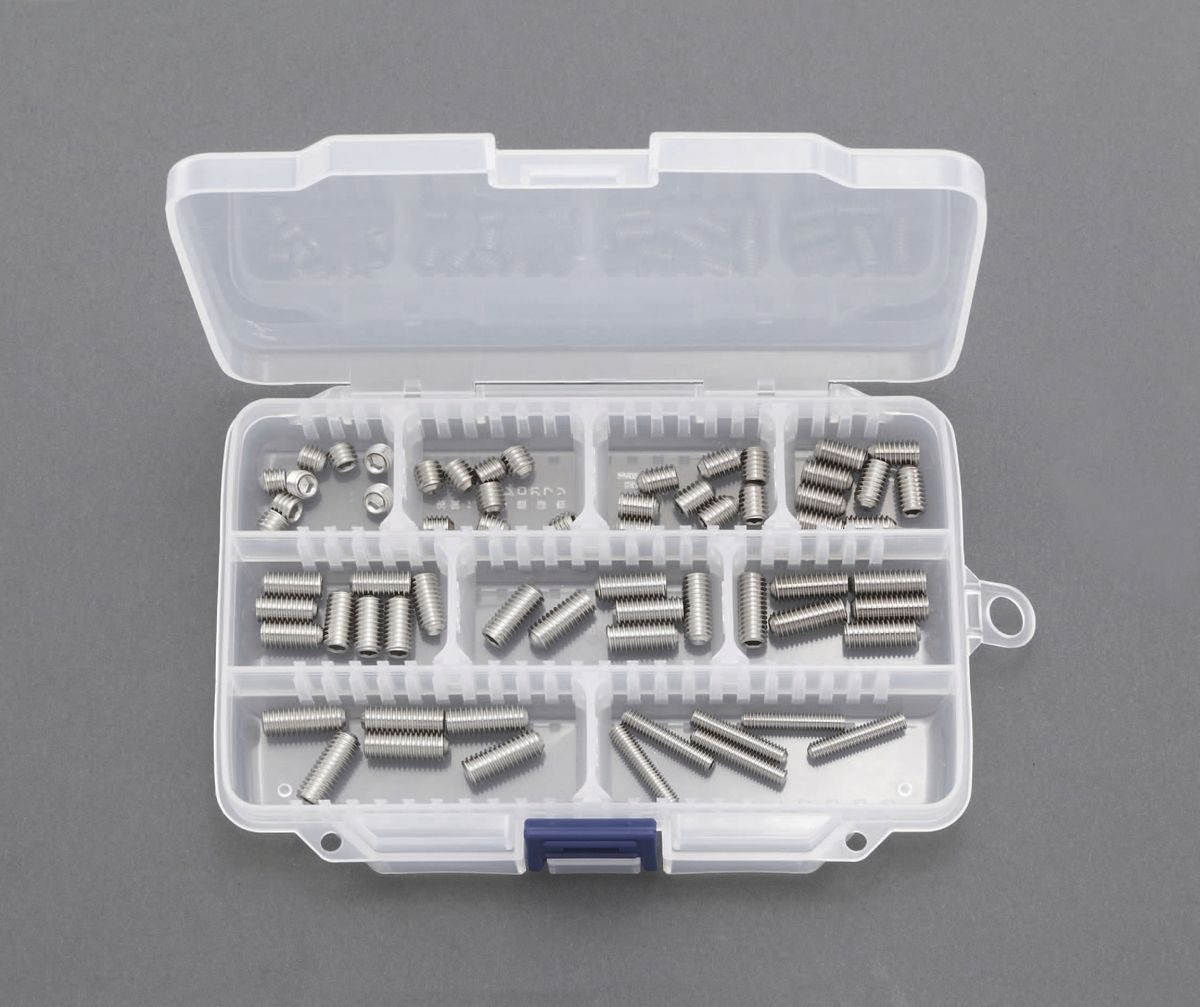 ●(セット内容):サイズ（入数）:M6×5（8）M6×6（8）M6×8（8）M6×10（8）M6×12（8）M6×14（6）M6×15（6）M6×16（6）M6×18（6）●材質:ステンレス●ケースサイズ:145×100×21mm●総重量:...