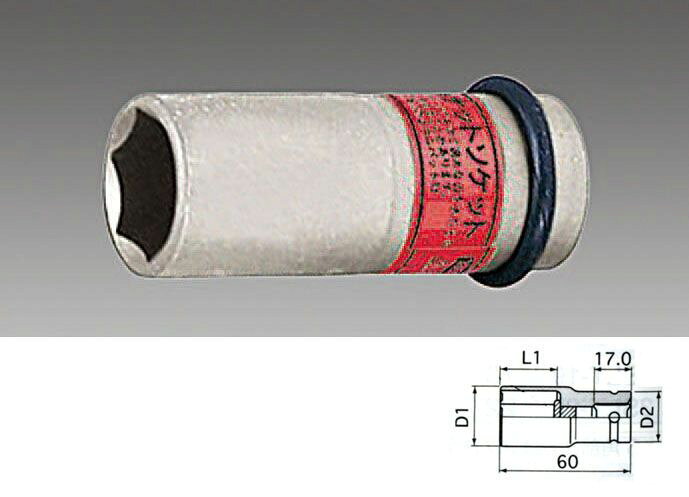 ●差込角…1/2”●対辺…19mm●サイズ…D1：26mm D2：24mm L1：24mm●全長…60mm●重量…90gホイールナットの着脱に適した薄形形状六角底部にゴムクッション付の為、傷つきやすい化粧ナットの損傷を防ぎます。000012...