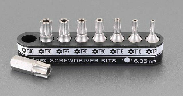 ●六角シャンク…1/4”●トルクスビット(イジリ止付)…T8・T10・T15・T20・T25・T27・T30・T40●全長…19mm●総重量…38g（ケース含む）8本組ビットホルダー付全長が19mmと短いため、狭い場所での作業に便利です。E...