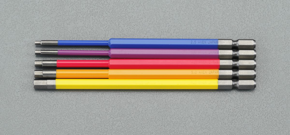 ●(セット内容)…5本組●全長…150mm●六角シャンク…1/4”●材質…クロムモリブデンバナジウム鋼●総重量…175gEA611BR-225（2.5mm）青EA611BR-230（3mm）紫EA611BR-240（4mm）赤EA611BR...