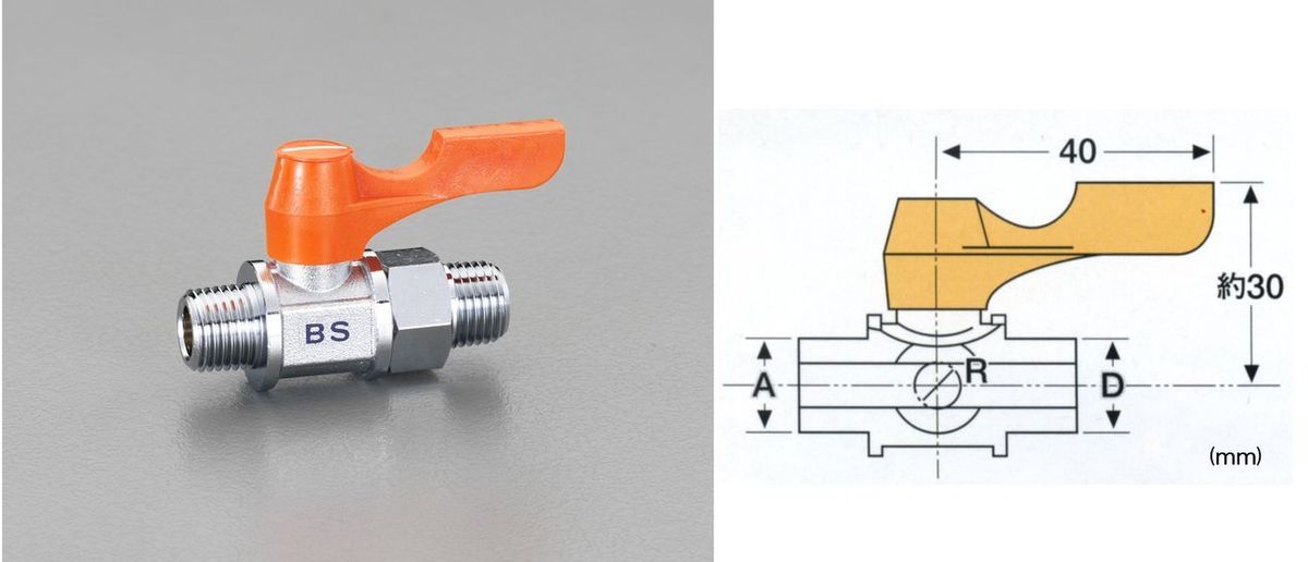 ●材質:真鍮●圧力:0.98MPa（10kgf//cm2）以下●温度:-10-80°C（凍結箇所を除く）●使用流体:空気・水・油●取付ねじ（A）:R(PT)1/8"●取付ねじ（D）:R(PT)1/8"●サイズ（R）:φ6mm●重量:69g●...