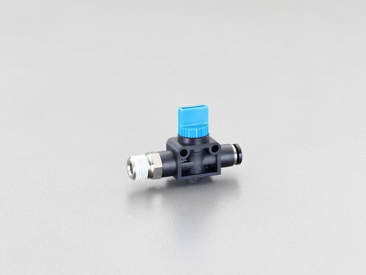 ●使用圧力範囲:0-0.9MPa●使用温度範囲:0-60°C（凍結なきこと）●本体材質:樹脂:PBT、金属部:黄銅（無電解ニッケルメッキ）●ハンドル材質:POM●使用流体:空気●入力側(取付ねじ):R1/4"●出力側(チューブ外径):6mm...