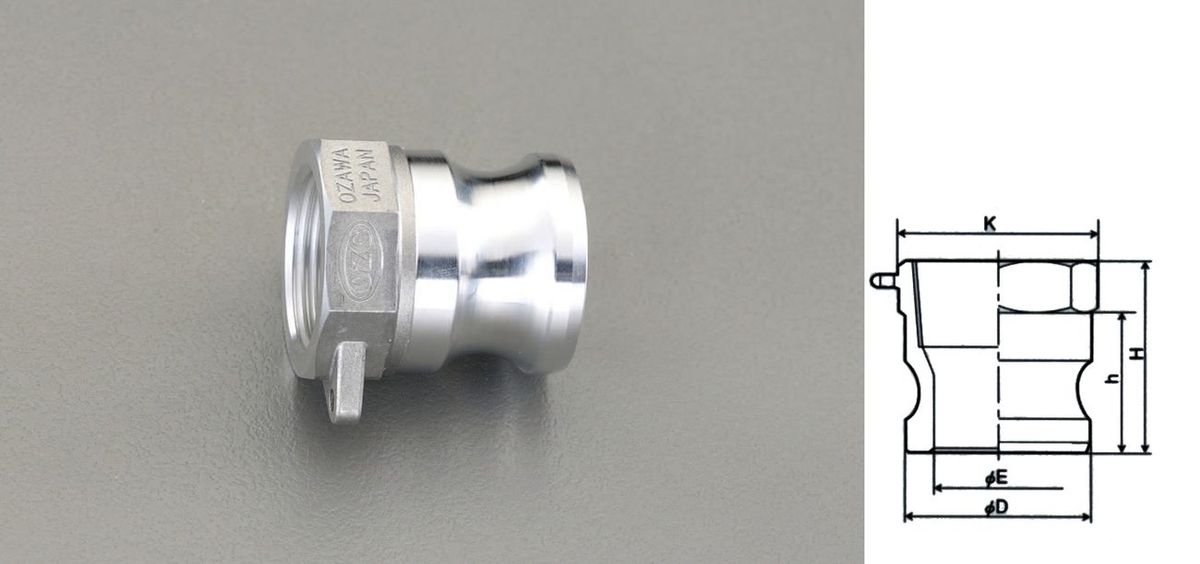 ●材質:アルミダイカスト(ADC12)●使用圧力:1.76MPa(18kgf//cm2)●使用温度:-30°C-70°C●呼び径:40（1・1/2")●ねじサイズ:PT1・1/2"●サイズ(mm):D:53、E:35、K:56、h:43、H...