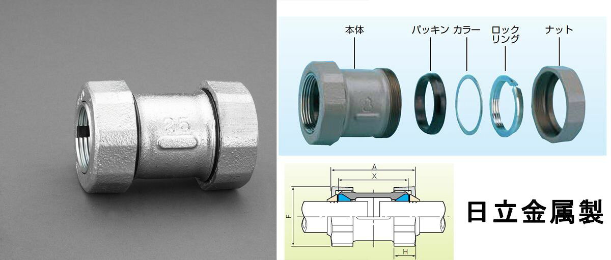 ●呼び:25A●ナット二面幅（F）:59mm●ナット高さ(H):21mm●端面-端面間サイズ:X:70mm、A:91mm●材質:本体・ナット:可鍛鋳鉄（溶融亜鉛メッキ）、ロックリング・カラー:鋼、パッキン:NBR●重量:673g●最高使用圧...