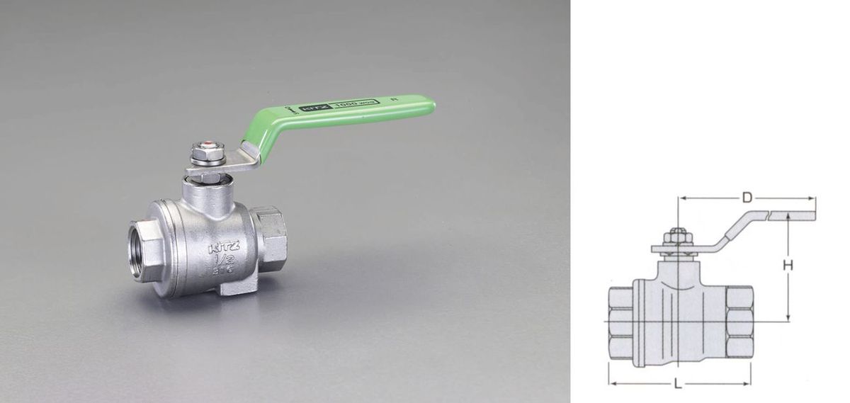 ●材質:ボディ:ステンレス(SCS14A)、ボディキャップ:ステンレス(SCS14A）、ステム:SUS316（Crめっき）、ボール:SUS316/SCS14A、ボールシート:ハイパタイトPTFE、グランドパッキン:PTFE、ハンドル:SUS...