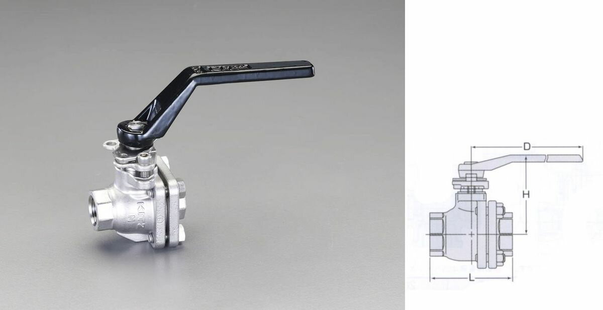 ●材質:ボディ:ステンレス(SCS13A)、ボディキャップ:ステンレス(SCS13A)、ステム:SUS304、ボール:SCS13A/SUS304、ボールシート:PTFE、グランドパッキン:PTFE、ハンドル:FCD400-15●最高圧力(水...