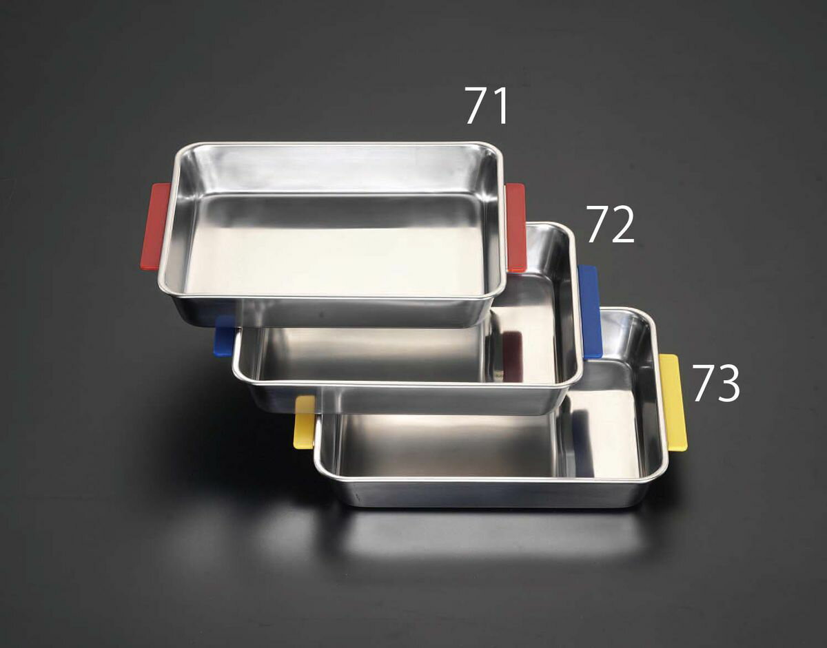 材質：トレー部：ステンレス(18-8)、取手部：ポリプロピレン樹脂耐熱温度：120℃耐冷温度：-20℃外寸サイズ：285X202X37(H)mm取手カラー：赤HACCP対応商品取手部が樹脂で持ちやすくなっています。000012085464　