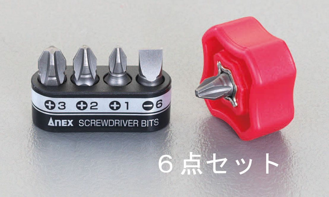 ●ビット…(+)#1×1本・#2×2本・#3×1本(-)6mm×1本●六角シャンク…1/4”●セット時全長…22mm●ビット全長…19mm●ハンドル径…30mm●ハンドル重量…7g●ビット類重量…12g●ハンドル色…赤狭い場所での作業に最適...