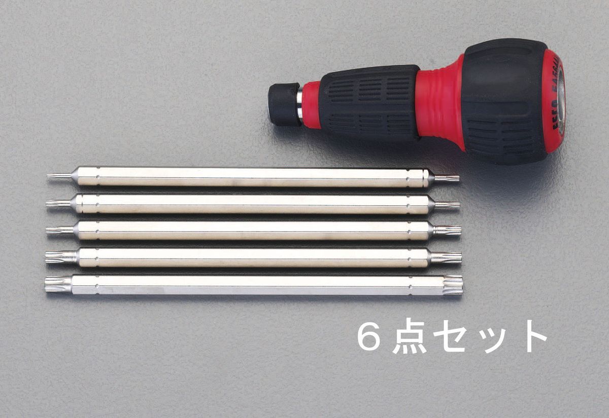 ●(セット内容)…六角シャンク：1/4”6点セットラチェットハンドル：95mmギア数：60（送り角：6°）左右切替式差込部深さ40mmの為、全長50mm以下のビットは仕様不可です。　　ヘクスローブビット：T6×T8・T7×T9・T10×T1...