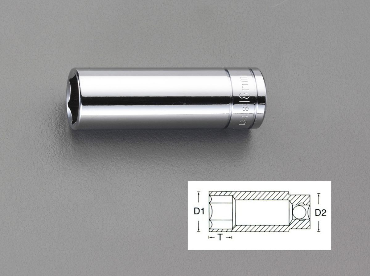 ●対辺…19mm●全長…77mm●差込角…1/2”●寸法…D1：28mm D2：28mm T：36mm表面は美しいミラー仕上げボルトの貫通したナットや、奥まった所での作業に最適です。ボルト・ナットを傷めにくい面接触タイプ。六角タイプ0000...