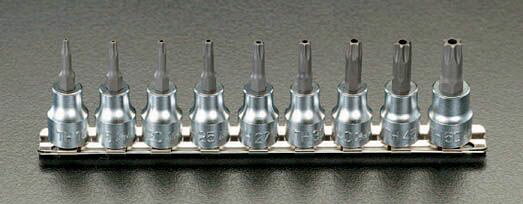 ●差込角…3/8”●ソケット全長…50mm●サイズ…T10・T15・T20・T25・T27・T30・T40・T45・T50●レール長…200mm9個組ホルダー付イジリ止付000012004259楽天 JP店　