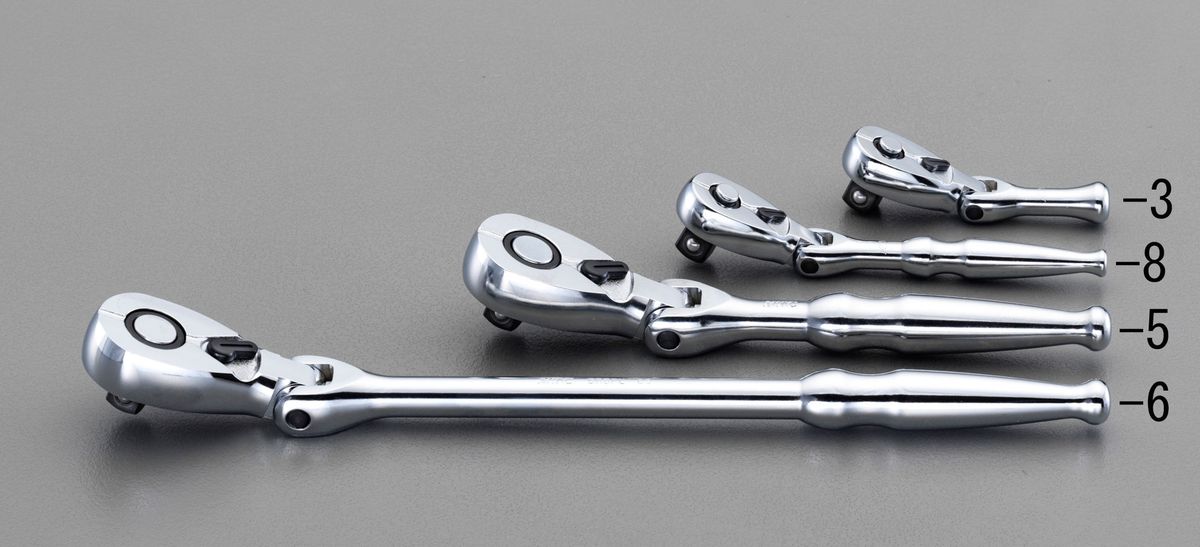 ●差込角…3/8”●送り角度…10°●サイズ…B：22mm、T：10mm、L：125mm●重量…140g小判形首振りタイププッシュ式左右切替式フレックス部は、力を入れすぎると作業が不安定になります。破損や空転の原因になりますので、左右の切替...