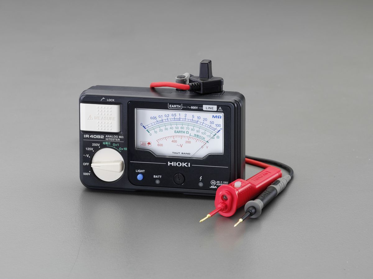 <絶縁抵抗測定>定格電圧（DCV）：125/250/500V 定格抵抗：100MΩ 第一有効測定範囲：0.1〜50MΩ（±5%rdg.） 第ニ有効測定範囲：0.01〜0.1MΩ未満　　　　　　　　　　50を超え〜100MΩ（±1...