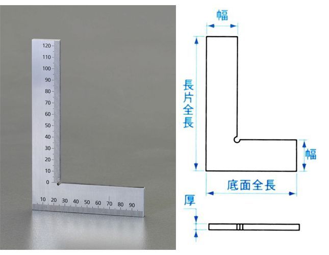 ●材質…炭素鋼●呼び寸法…150mm●長片全長…150mm●底面全長…100mm●幅…25mm●厚…5mm●目盛精度…±0.4mm●直角度…±0.035mm●重量…280g製品、部品などの直角度の測定片面に1mm通しの目盛付(JIS2級相当...