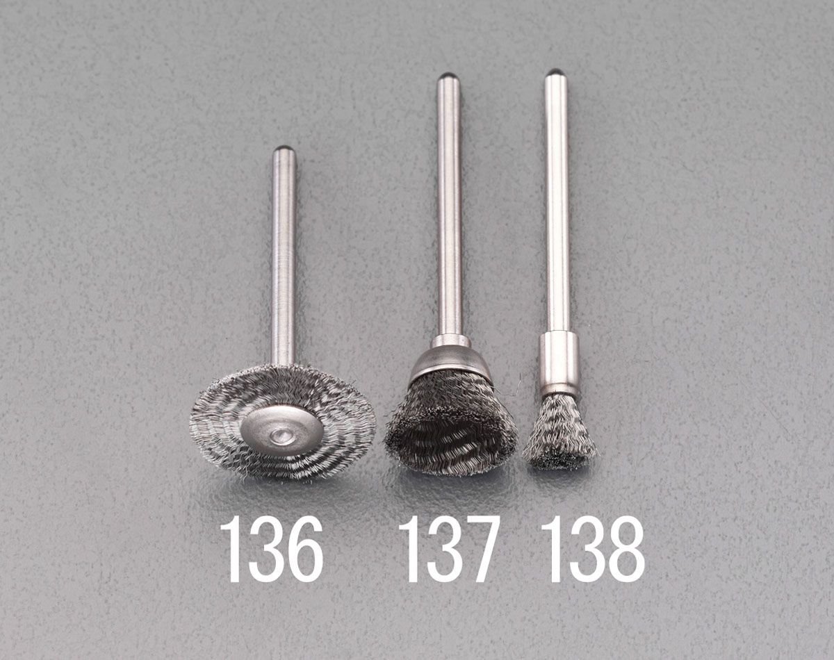 ●材質…ステンレス(SUS316）●最大回転数…15000rpm●軸径…3mm●全長…53mm●外径…5mm●高さ…8mm●線径…0.1mm同形状の一般ブラシの2倍以上の高速回転mm2使用いただけます。着磁がほとんどなく、防錆性・耐熱性・耐...