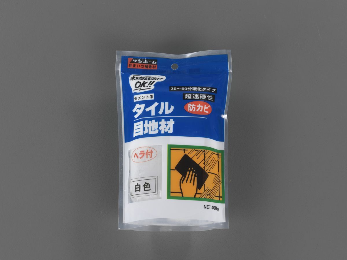 ●施工面積:100×100mmの角タイル約20-30枚分●硬化時間:約30-60分（水温・気温によって変わります。）●カラー:ホワイト●内容量:400g●成分:ポルトラントセメント・寒水石・他防カビ剤入りのため、カビの繁殖を抑えます。ヘラ付...