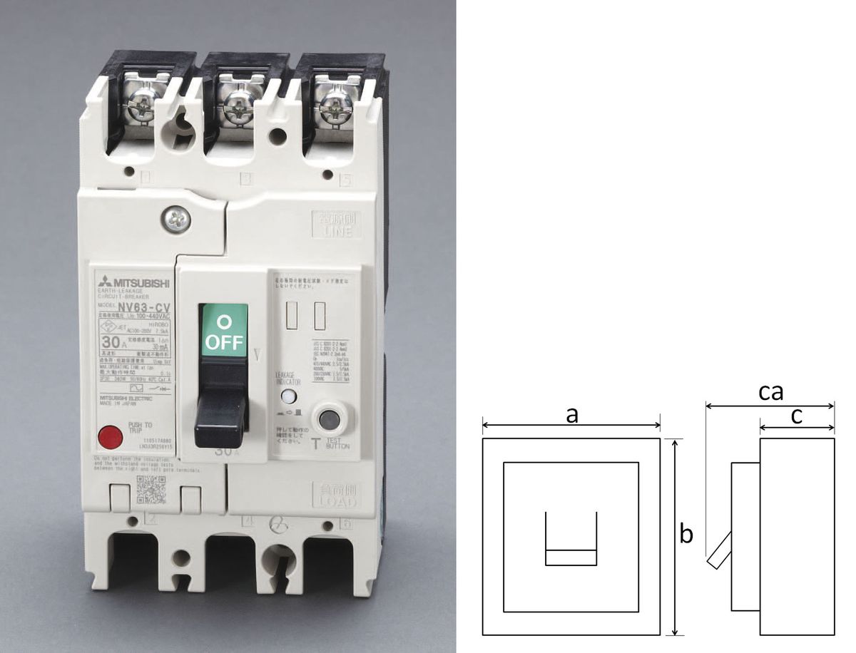 ●定格使用電圧:100-440V●定格感度電流:100・200・500mA(切替式)●サイズ（mm）:a:75 b:130 c:68 ca:90●重量:750g●極数:3極●定格電流:50A●型式:NV63-CV三菱電機フレーム50用000...