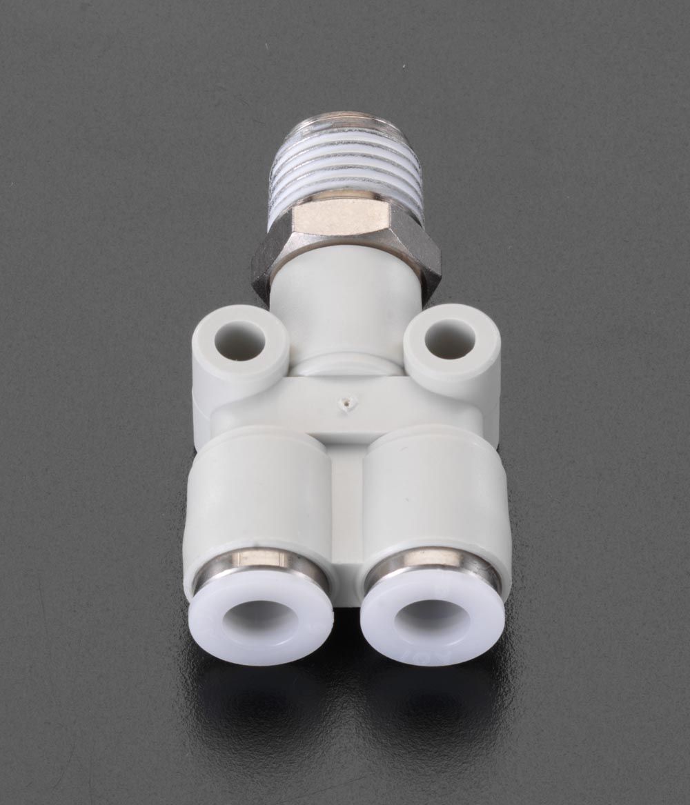 ●材質:樹脂(PBT)、真鍮●使用流体:空気●使用圧力:0-1MPa(0-10kgf//cm2)●使用温度:-15-60°C●チューブ外径:10mm●取付ねじ:R（PT）3/8"000012002283　