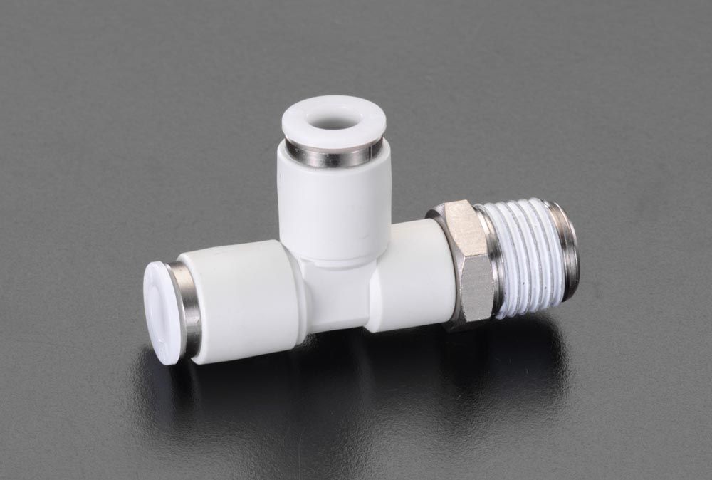 ●材質:樹脂(PBT)、真鍮●使用流体:空気●使用圧力:0-1MPa(10kgf//cm2)●使用温度:-15-60°C●チューブ外径:10mm●取付ねじ:R（PT）3/8"000012002294　