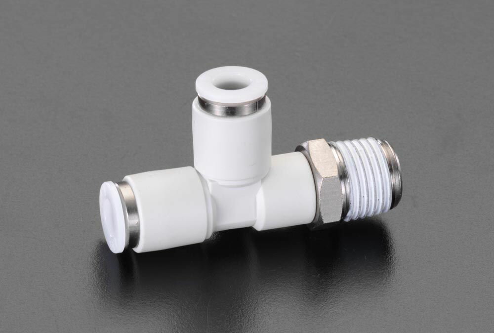 ●材質:樹脂(PBT)、真鍮●使用流体:空気●使用圧力:0-1MPa(10kgf//cm2)●使用温度:-15-60°C●チューブ外径:6mm●取付ねじ:R（PT）1/8"000012002301　