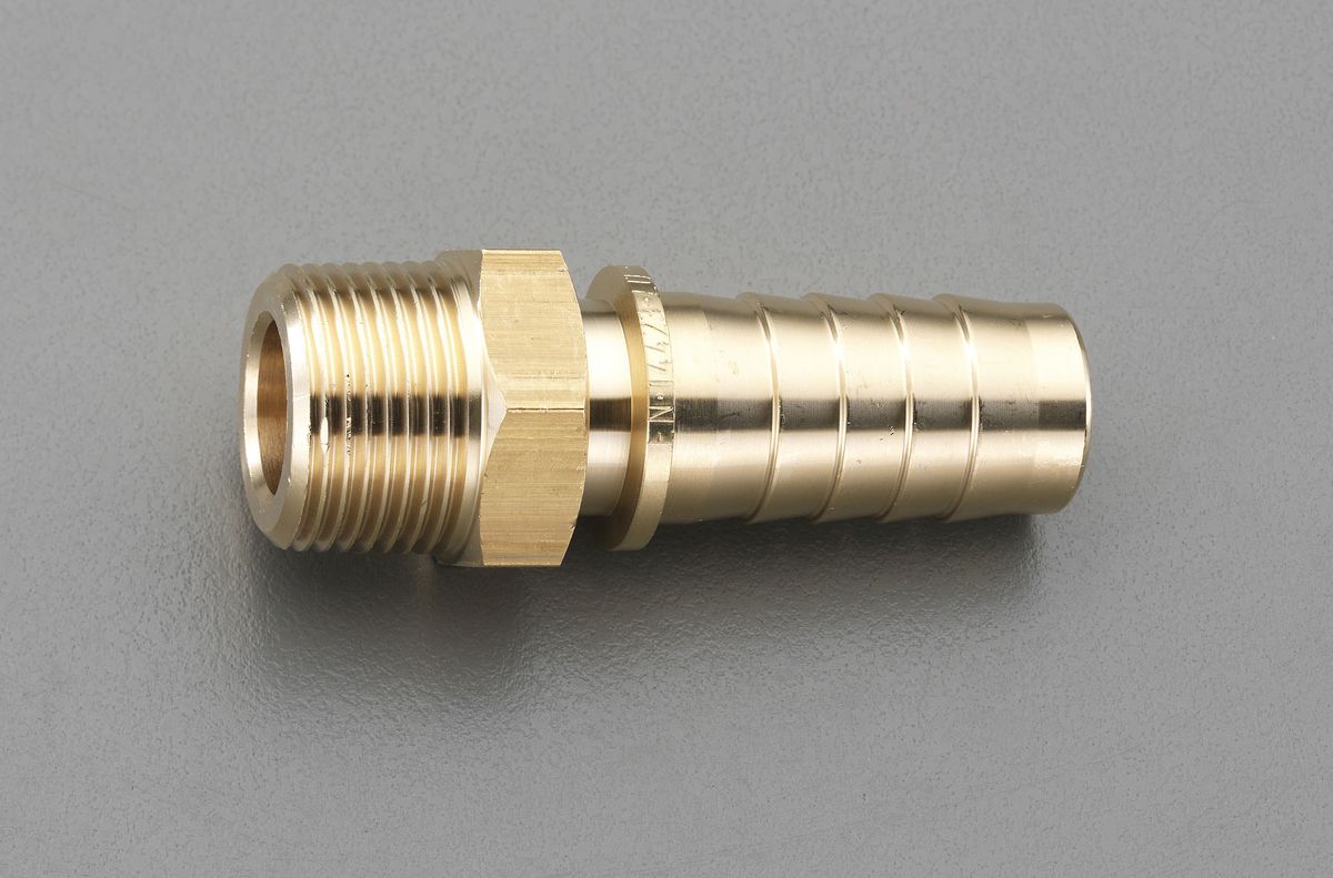 ●材質:真鍮●使用温度:蒸気:210°C以下、水:120°C以下●最高使用圧力:1.8MPa(18kgf//cm2）●ねじサイズ:R（PT）3/4"●適合ホース内径:19mm●全高:91mm●六角対辺:27mm●重量:約185g●適合クラン...