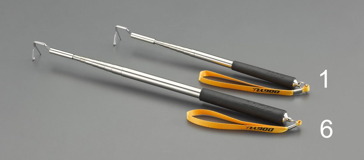 ●材質:フック部:鉄、シャフト部:ステンレス、グリップ:ゴム●全長:290mm-1070mm●先端サイズ:52(W)×42(H)×12（t）mm●重量:110g7段伸縮ストラップ付高所等に設置されている、非常灯のバッテリー点検作業に最適です...