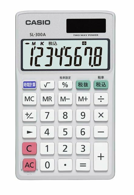 ●桁数:8桁●電源:太陽電池+LR54×1個●サイズ:70(W)×118.5(D)×8(H)mm●重量:約50g税計算、時間計算機能特大表示早打ち対応手帳型ケース付き000012049034　