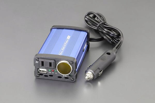 入力電圧：DC12V出力電圧：AC100V定格出力：80W最大瞬間出力：100W変換効率：75%出力波形：矩形波出力周波数：55HzUSB端子付：1ポート(USB出力2.4A)コンセント：1口本体サイズ：約67(W)×117(D)×42(H...