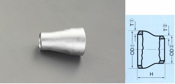 材質：ステンレス(SUS304W)肉厚：Sch.10S呼：32（1・1/4）×25（1）外径（OD1×OD2）：42.7×34.0mm内径（ID1×ID2）：37.1×28.4mm厚さ（T1×T2）：2.8×2.8mmサイズ（H）：50.8...