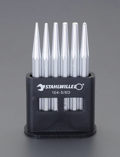 テーパーピンポンチ(先端径×全長)：2×120mm、3×120mm、4×120mm、5×120mm、5×120mm、6×120mmセンターピンポンチサイズ（先端径×全長）：10×120mm重量：417gクロムバナジウム鋼プラスチックスタンド...