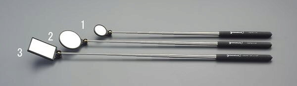 ミラーサイズ：φ57mm伸縮長(mm)：178〜920重量(g)：70ミラー材質：ステンレスミラー受部：プラスチックシャフト部：ステンレスボールジョイント付（180°回転可能）薬品に強く握りやすいグリップ伸縮自在の丸型テレスコピックミラー割...