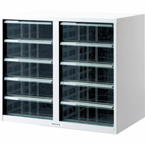 サイズ：554(W)×336(D)×483.5(H)mmトレーサイズ(内寸)：233(W)×307(D)×80(H)mm重量：10.3kg材質：スチール粉体焼付塗装、透明スチロール樹脂、ポリプロピレン引出し：A4深型×5カラー：ニューグレー...