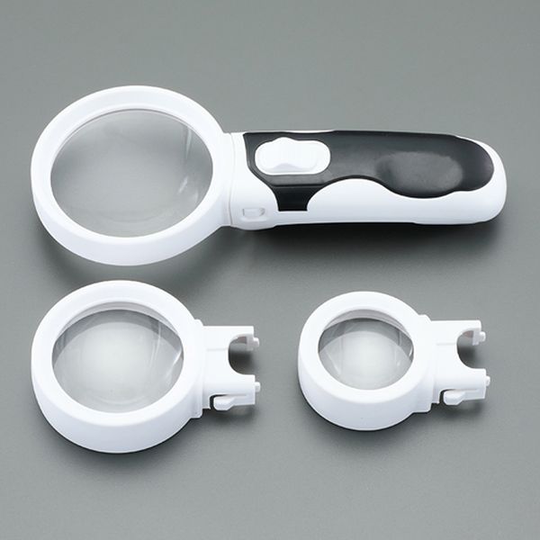 倍率：2.5倍・5倍・8倍レンズ径：φ65・50・37mm全長：150〜180mm光源：LED球電源：単4電池×3本(付属)重量：約70g(電池含まず)材質：アクリルレンズLEDライト付交換レンズ付入数：1個EA756MH-6楽天 JP店　