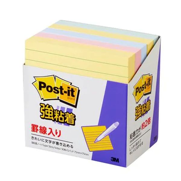メーカー：3M型番：630-5SSAPサイズ：75×75mm枚数：各90枚カラー：イエロー、ピンク、ネプチューンブルー、アップルグリーン(各1個)罫線入り粘着力が約2倍の強粘着タイプパソコンや電話、キャビネットなどの樹脂面や垂直面など、今ま...