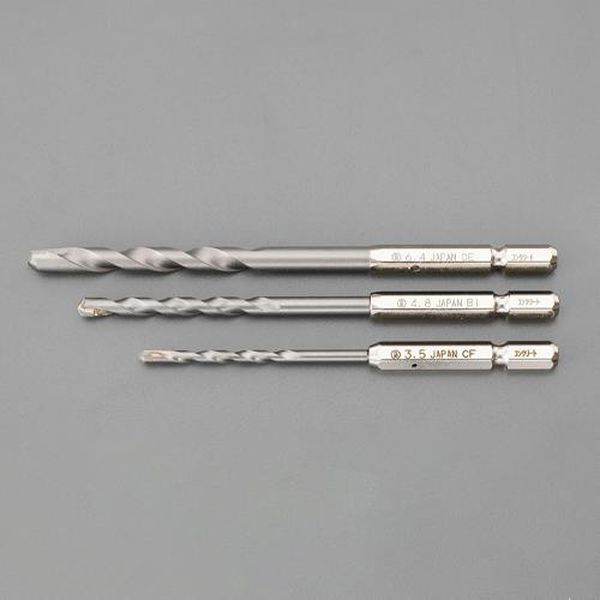 ●入数…3本●サイズ(mm)…3.5・4.8・6.4●材質…モリブデン鋼●六角シャンク…6.35mm●重量…76g●インパクトドライバー、回転・振動兼用型ドリル用●コンクリート・ブロック・モルタル・石こうボードの穴あけに●六角軸とドリルの接...