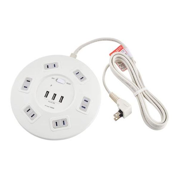 ●サイズ…φ165×32.9mm●コード長…2m●使用温度範囲…−10℃〜40℃●プラグ…2P（L型）●AC差込口●定格…14A・100V（1400W）●コンセント…2P×6口●USBポート●USB出力…DC5V・3.4A（1ポート最大2....