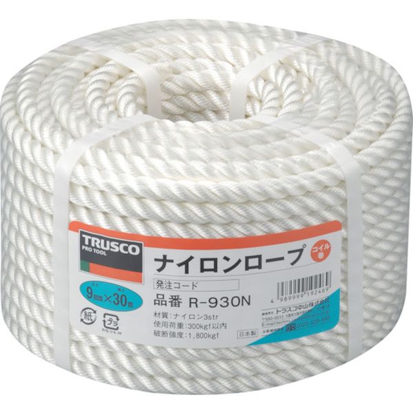 ・合繊ロープの中で最も強度があり、摩擦にも強いです。・耐熱性にも優れています。・安全帯の工具吊り下げ用。・電工現場のリードロープ用など。・色：白・線径(mm)：9・長さ(m)：30・包装形態：バンド掛巻・3つ打・ナイロン・切断後の断面はライ...