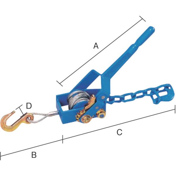 ・ハンドル操作も軽く、効率のよい荷締めができます。・いつまでも美しい焼付塗装です。・鍛造ハンドル・ギアカバー付です。・荷締め用。・小型軽量物用。・最大使用荷重(t)：0.4・ワイヤ径(mm)：6・ワイヤ長(m)：1.6・寸法(mm)A：23...