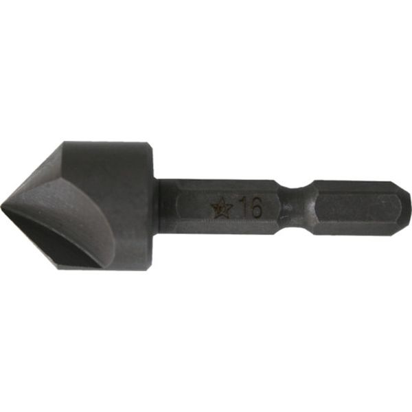 ・鉄・アルミ・樹脂・木材などの穴あけ後のバリ取り、皿ビスの面取りに最適です。・被削材:アルミ・鉄・樹脂・木材。・有効刃径(mm)：16・全長(mm)：52・シャンク径(mm)：6.35・先端角(°)：90・カッター先端角(°)：90・適合機...