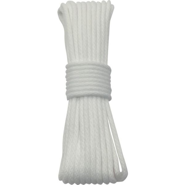 ・強度は3つ打に比べ40%程度低下しますが、摩擦抵抗が少なく、ねじれにくいロープです。・酸・アルカリ・海水等に強く、耐候性に優れ摩擦にも非常に強く、強力に優れたロープです。・各種結束、テント・タープ用など。・色：白・線径(mm)：5・長さ(...