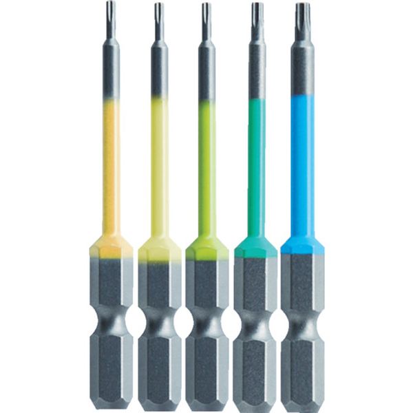 ・ヘクスローブドライバービットの精密サイズセットです。・サイズを色で識別できます。・電動ドライバー装着時に塗装部分が邪魔にならない両端部非塗装です。・刃先：T4/T5/T6/T8/T10・全長(mm)：65・シャンク径(mm)：6.35・先...