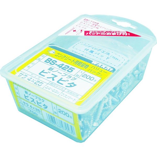 ・プラグなしでコンクリートに使用可能です。・締め過ぎなどでビスが空回りした場合にパッド使用で同じ箇所での再取り付けができます。・設備工事、大工、配管工事、電気工事。・呼び径d(mm)：4・下穴径(mm)：3.4〜3.5・引張最大荷重(kN)...