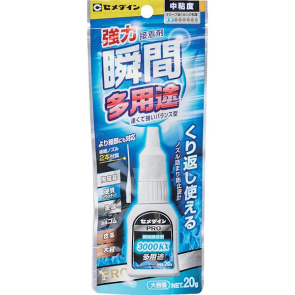 ・幅広い素材によく接着します。・多用途タイプです。・ピンなし開封です。・液量調整がしやすい容器です。・長持ちボトル構造です。・瞬間接着剤3000シリーズです。・硬質プラスチック、合成ゴム、金属、木材、陶磁器などの接着に。・色：透明・容量(g...