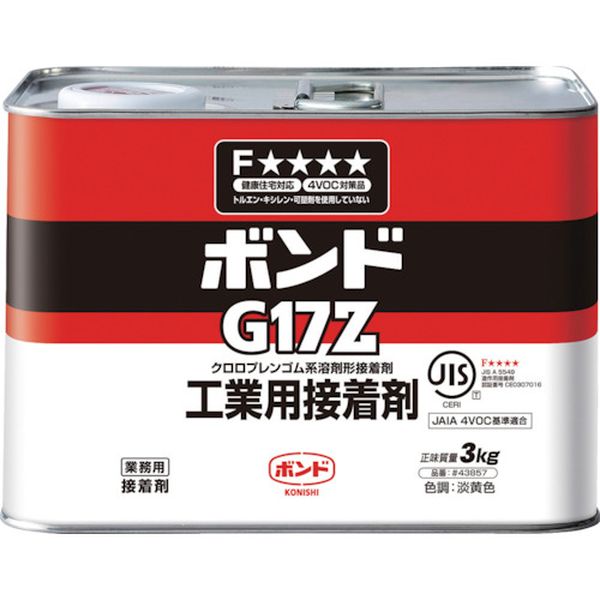 ・初期接着力が強いため、仮止めなしで接着できます。・JIS F ☆☆☆☆規格品です。・日本接着剤工業会 JAIA 4VOC基準適合品です。・速乾型。・合成ゴム・皮革・木・布・コンクリート・スレートなどの軟硬質材の接着。・色：淡黄色・容量(k...